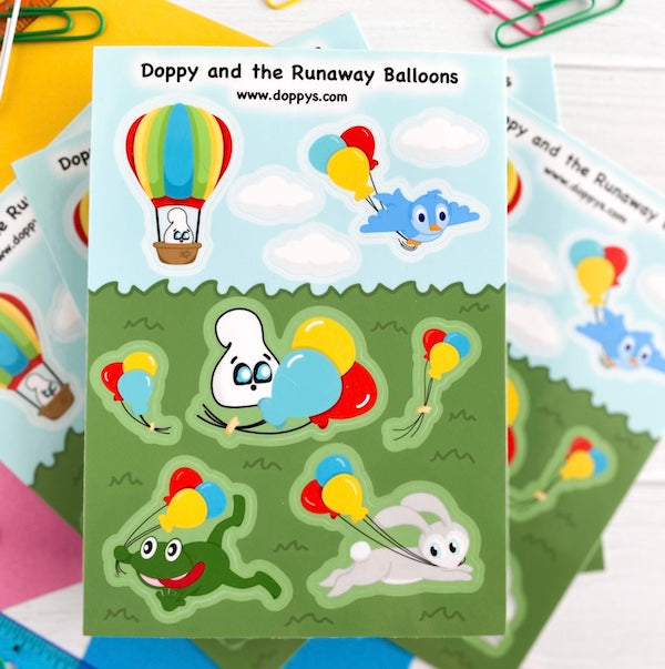 "Doppy and the Runaway Balloons" Sticker Sheet | Doppys.com
